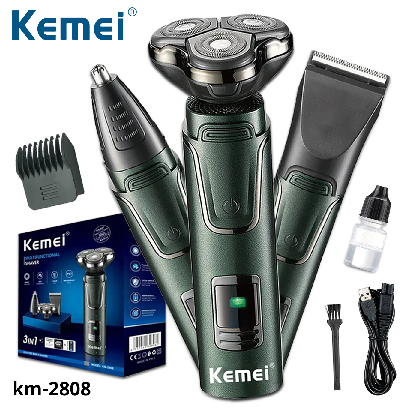 Kemei KM-2808, 3 in 1 Rechargeable Multifunctional Shaver